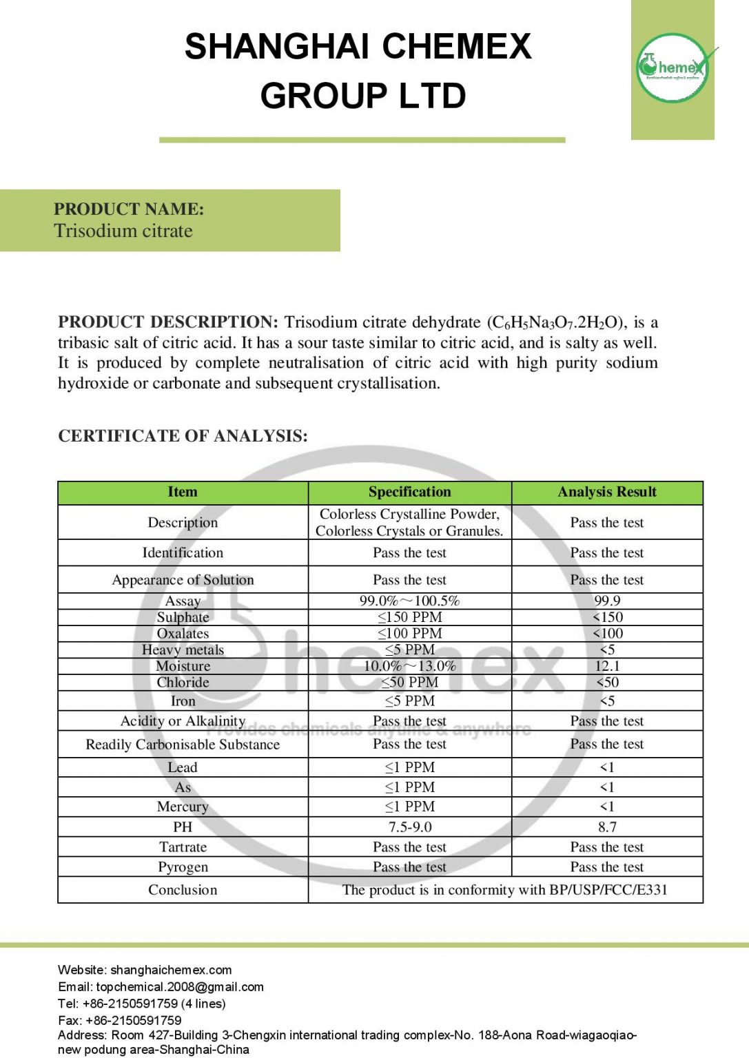 Buy Trisodium Citrate; Price, Uses, and Analysis | Shanghai Chemex