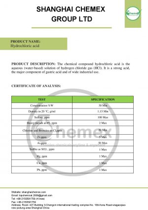 Buy Hydrochloric acid (HCl);Price, Uses, and Properties | Shanghai Chemex