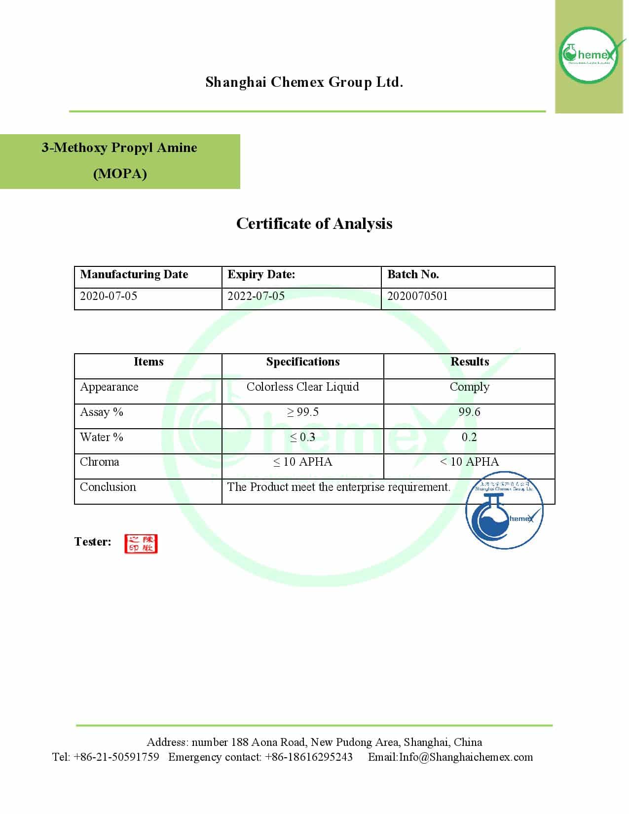 Buy 3-Methoxypropylamine(MOPA); Price, Uses, and Analysis | Shanghai Chemex