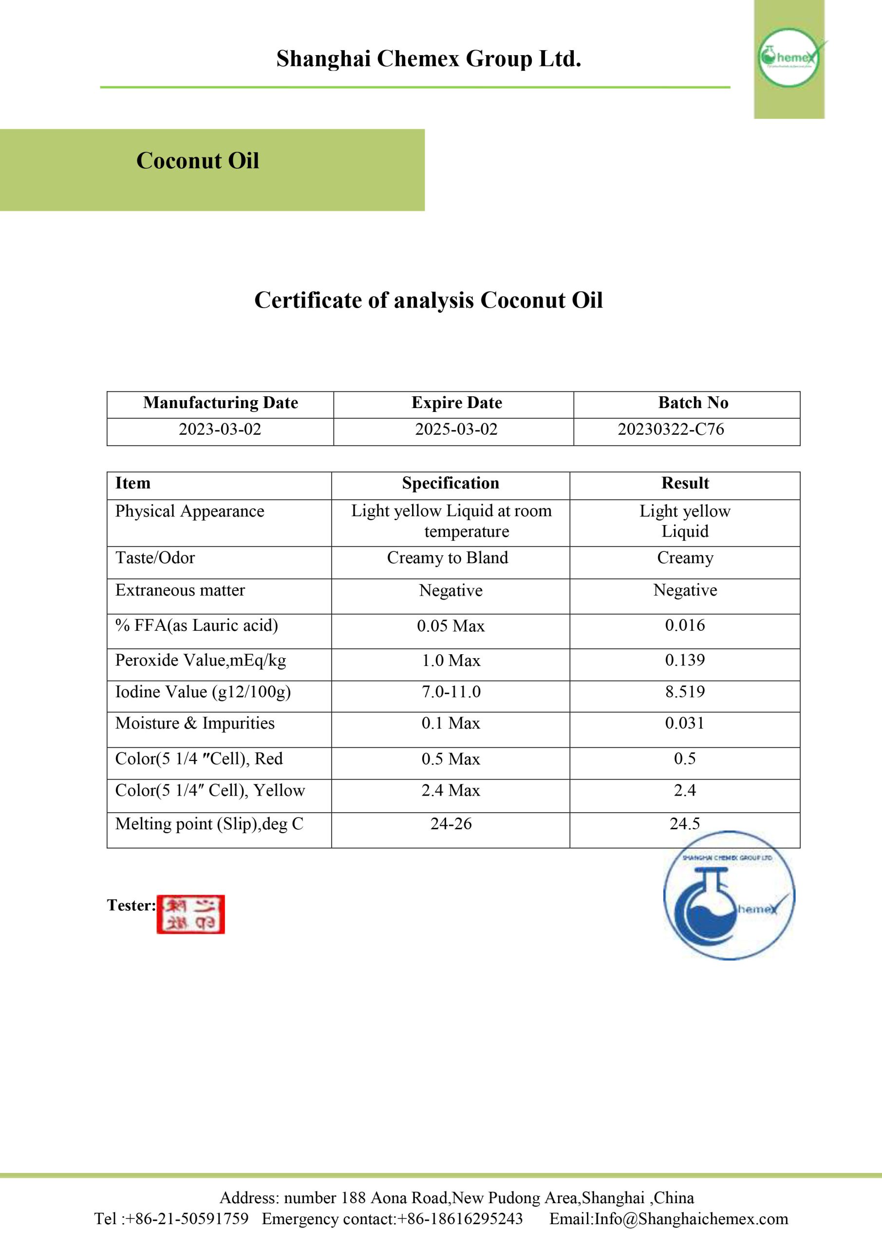 Coconut oil - Shanghai Chemex