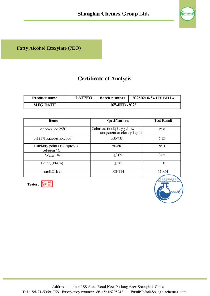 Fatty Alcohol Ethoxylate (7EO) - Shanghai Chemex